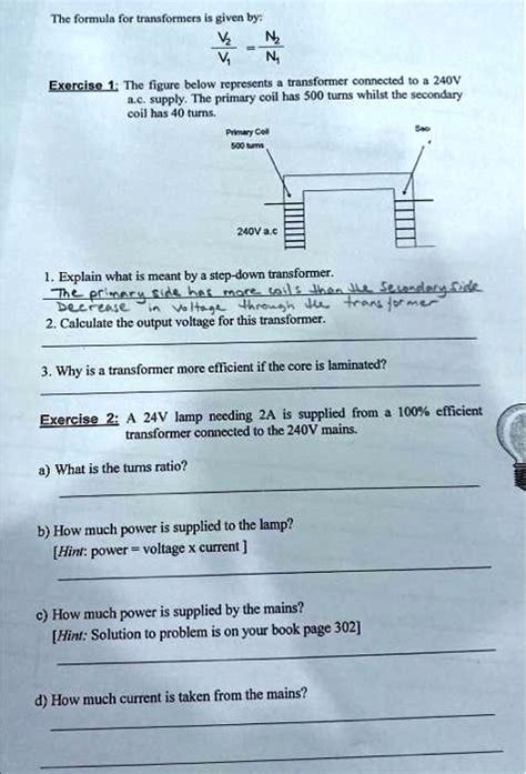 The Formula For Transformers Is Given By V2v1 N2n1 Exercise 1 The Figure Below