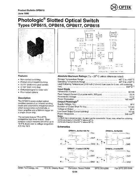 Opb618 Datasheet14 Pages Optek Photologic Slotted Optical Switch