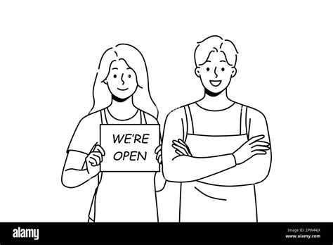 Smiling Cafe Staff Notify About Opening Stock Vector Image And Art Alamy