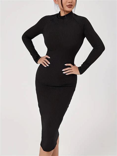 Ribbed Crew Neck Dress Elegant Long Sleeve Backless Bodycon Temu Canada