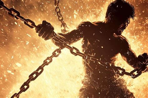 Homem forte com cadeias no fogo conceito de força e resistência imagem Premium gerada com IA