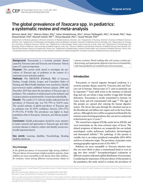 Pdf The Global Prevalence Of Toxocara Spp In Pediatrics A