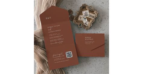 Modern Chic Terracotta Rust Qr Monogram Wedding All In One Invitation