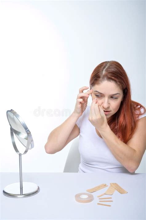 Portrait Beautiful Red Haired Woman With Kinesiology Facelift Tape The