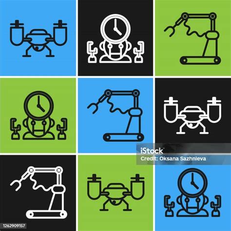 액션 카메라 산업용 기계 로봇 암 손 공장 및 로봇 및 디지털 시간 관리자 아이콘으로 비행 하는 라인 무인 항공기 벡터 가공의 인물에 대한 스톡 벡터 아트 및 기타 이미지