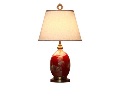 Chinesische Tischlampe Porzellan mit Schirm Rot Gold Gingko Blätter
