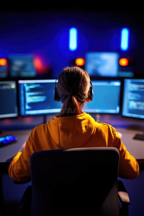 Young Adult Female Coder In Yellow Hoodie Working At Multi Screen Young Adult Female Coder In Yellow Hoodie Working At Multi Screen