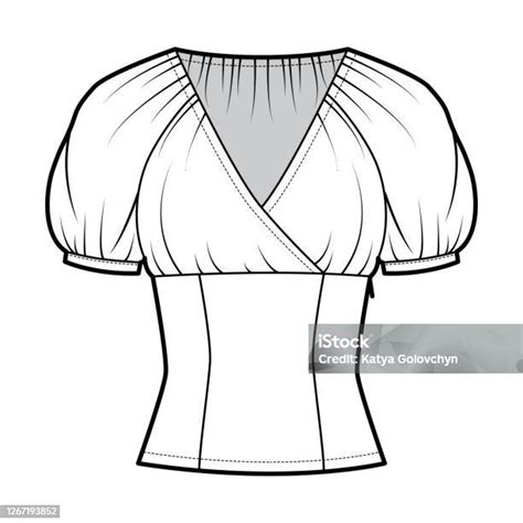 Surplice 넥 신축성 부풀어 반소매 사이드 지퍼 고정 장착 탑 테크니컬 패션 일러스트 0명에 대한 스톡 벡터 아트 및 기타