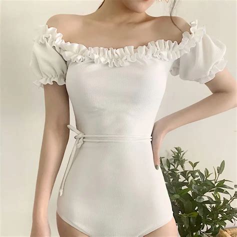 Off Shoulder One Piece Swimsuit Women Solid Swimwear Ruffle Monokini
