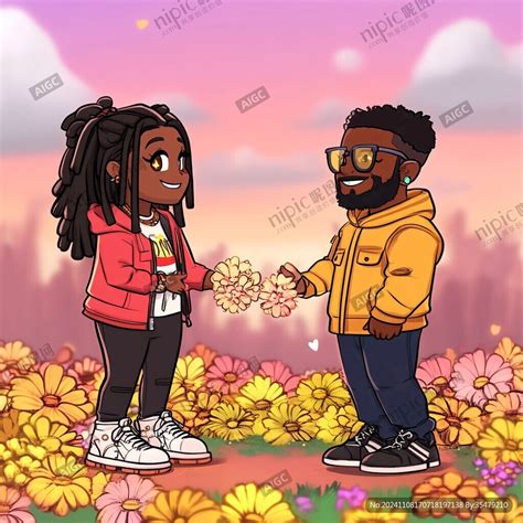 Ai创作图情侣插画求婚 嘻哈卡通形象 潮流卡通人物 男女朋友插画 嘻哈说唱人物 情侣日常互动插画 都市恋人男孩女孩 Ap说唱门票邀请函 情侣