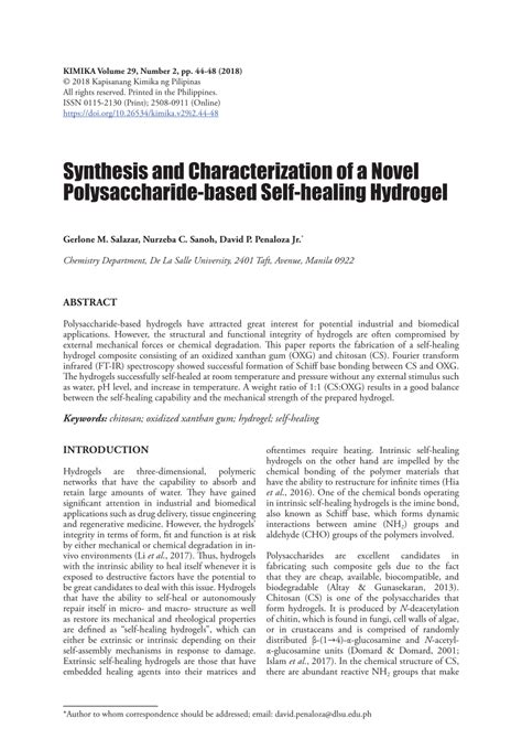 Pdf Synthesis And Characterization Of A Novel Polysaccharide Based Self Healing Hydrogel