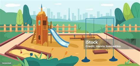 샌드 박스 슬라이드 및 스윙이있는 공원의 평평한 어린이 놀이터 교정에 대한 스톡 벡터 아트 및 기타 이미지 교정 모래 공원 Istock