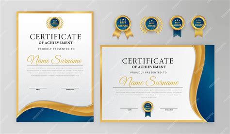 현대 블루와 골드 인증서 템플릿 프리미엄 벡터
