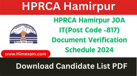hprca hamirpur joa it post code 817 document verification schedule