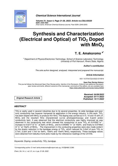 Pdf Synthesis And Characterization Electrical And Optical Of Tio2