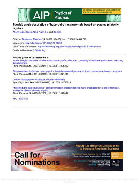 Pdf Tunable Angle Absorption Of Hyperbolic Metamaterials Based On Plasma Photonic Crystals