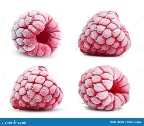 Conjunto De Frambuesas Congeladas Aisladas En Fondo Blanco Foto De