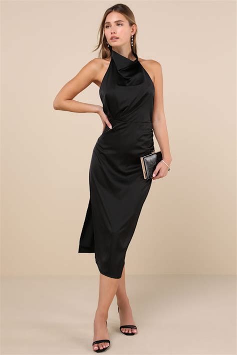 Black Satin Dress Halter Midi Dress Backless Midi Dress Lulus