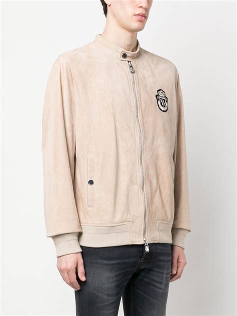 Billionaire Embroidered Logo Suede Bomber Jacket Neutrals Farfetch