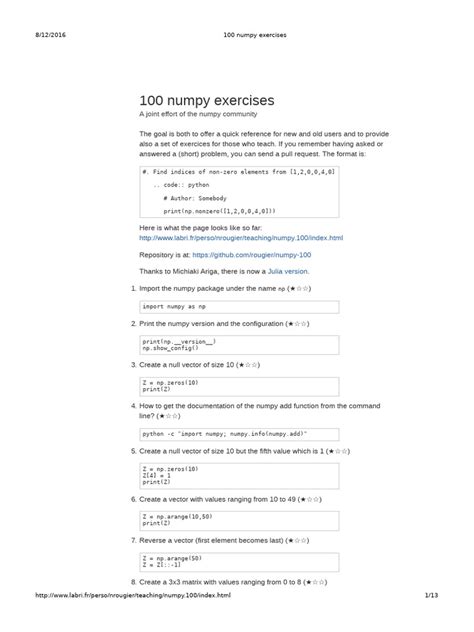 Numpy Exercises Pdf