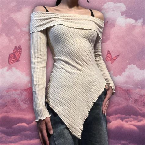 Chic Off Shoulder Lettuce Trim Top Slim Fit Beige Depop