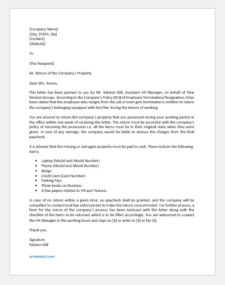 Return Of Companys Property Letter To Employee Download