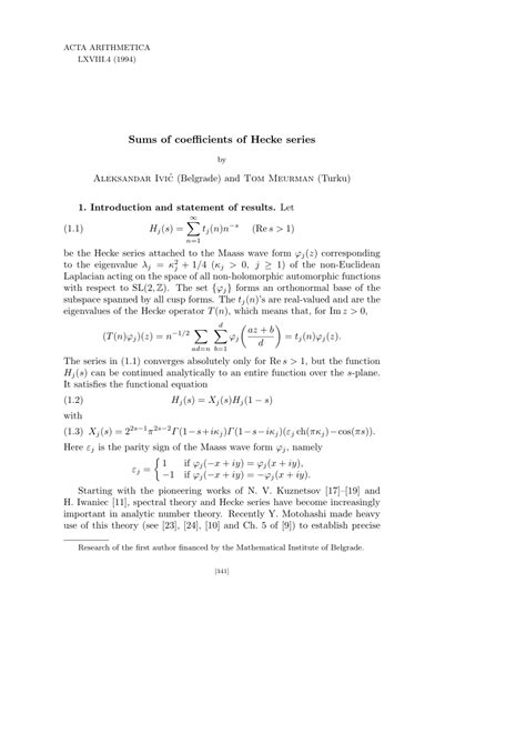 Pdf Sums Of Coefficients Of Hecke Series