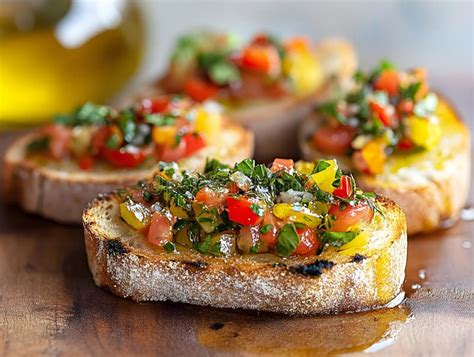 Crispy Bruschetta Topped With Fresh Diced Tomatoes Basil And Olive