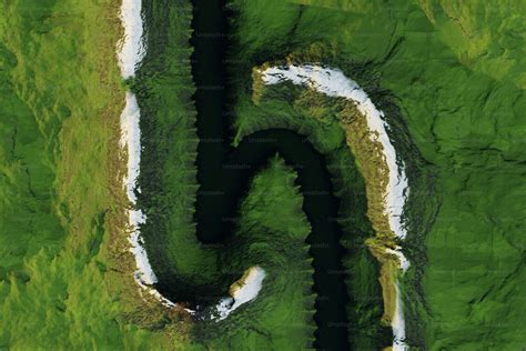 푸른 지형 사이로 구불구불한 강이 흐릅니다 사진 Unsplash의 3d 렌더 이미지