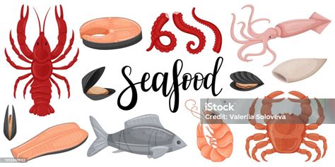 해산물 세트 생 오징어 문어 붉은 생선 필레 홍합 게 가재 도살 오징어 연어 스테이크 플랫 만화 스타일의 컬렉션 흰색 배경에서 격리된 색상 벡터 그림입니다 물고기에 대한