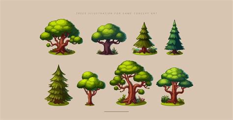 Game Element Assets Concept Art Set Of Trees Collection Illustration