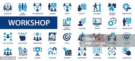 워크샵 플랫 아이콘 세트입니다 여름 방학 상징입니다 팀워크 동기 부여 협업 연습 팀 빌딩 교육 및 더 많은 징후를 포함합니다 플랫 아이콘 컬렉션 교육 강좌에 대한 스톡 벡터