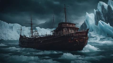 Boat In The Sea A Scary Boat Sailing Near A Glacier With Storms Ice Stock Illustration