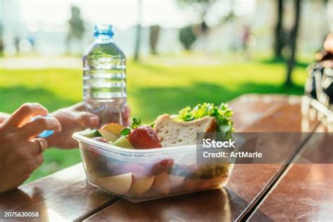 샌드위치 야채 과일이 담긴 플라스틱 용기와 물병을 들고 있는 여성의 손 석양이 질 무렵 공원의 테이블 위에 있는 거리에 대한 스톡 사진 및 기타 이미지 Istock