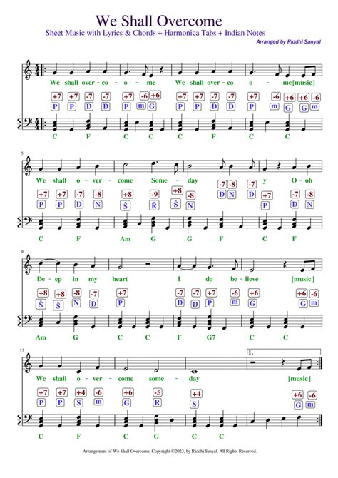 We Shall Overcome In Sheet Music With Lyrics Chords Harmonica Tabs