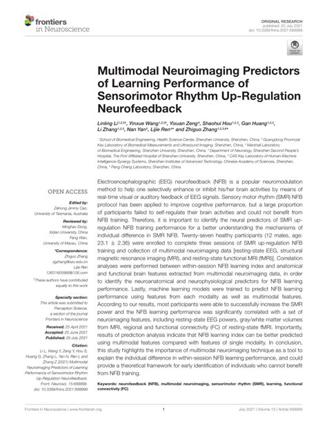 Pdf Multimodal Neuroimaging Predictors Of Learning Performance Of Sensorimotor Rhythm Up