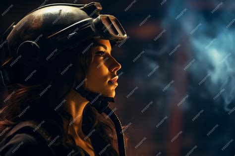 Premium Ai Image A Woman In A Helmet With Smoke Coming Out Of Her Mouth