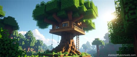 Vibrant Forest Treehouse Scene In Minecraft Stable Diffusion Online