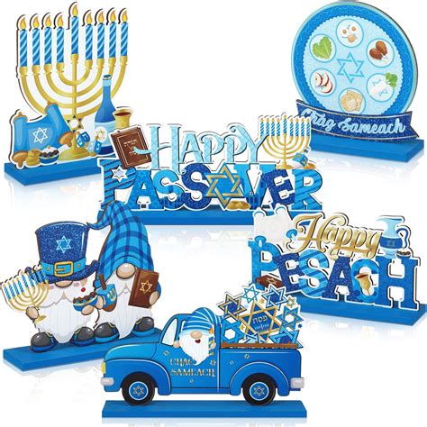 Geelin 6 Pcs Happy Passover Table Centerpieces Wooden Happy Pesach Chag Sameach Wood