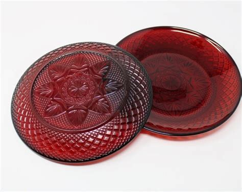 Ruby Red Pressed Glass Plates 2 Vintage Cristal Darques Durand