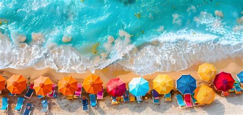 A Vibrant Tropical Beach Scene With Colorful Beach Umbrellas Stock
