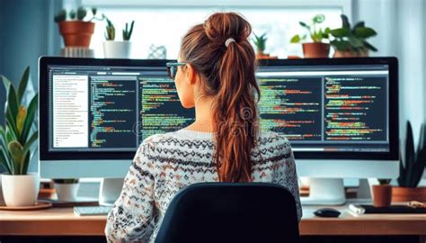 Woman Programming On Dual Monitors In Home Office With Plants Creating