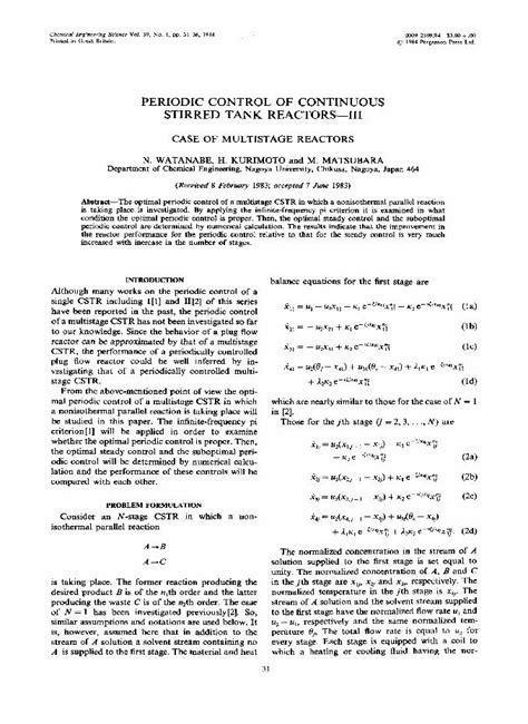 Pdf Periodic Control Of Continuous Stirred Tank Reactors—iii Case Of