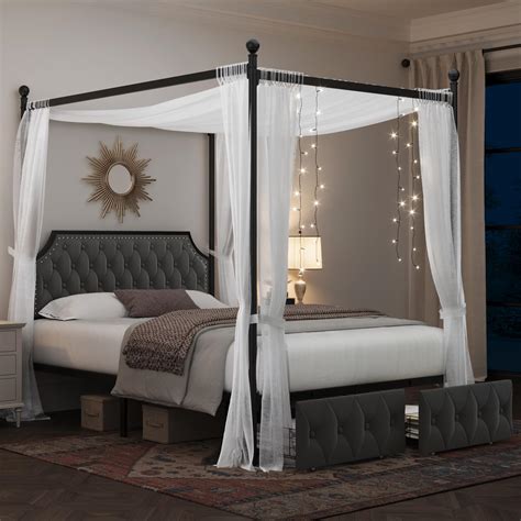 Idealhouse Canopy Bed Frame Queen Size With Headboard Upholstered Canopy Platform