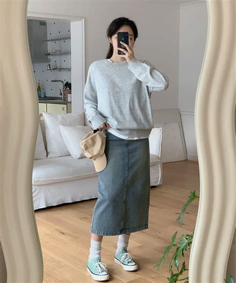 로어 하이웨스트 중청 워싱 데님 난스판 H라인 롱 스커트모스데님롱스커트 에이블리