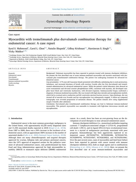 Pdf Myocarditis With Tremelimumab Plus Durvalumab Combination Therapy For Endometrial Cancer