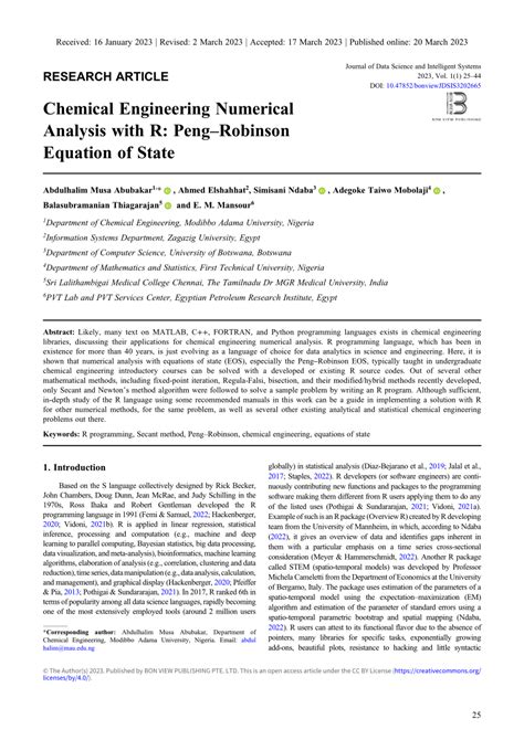 PDF Chemical Engineering Numerical Analysis With R Peng Robinson