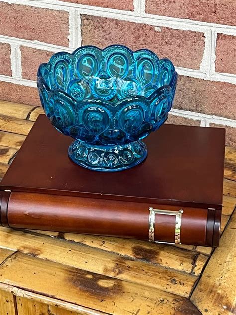 Vintage L E Smith Moon And Star Blue Glass Compote Candy Dish Etsy