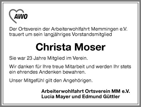 Traueranzeigen von Christa Moser Allgäuer Zeitung