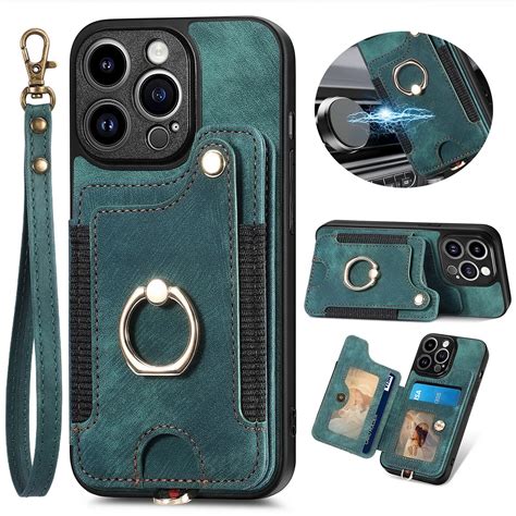 Dteck For IPhone Pro Max Case Wallet With Card Holder Ring Stand Wrist Strap RFID Blocking PU